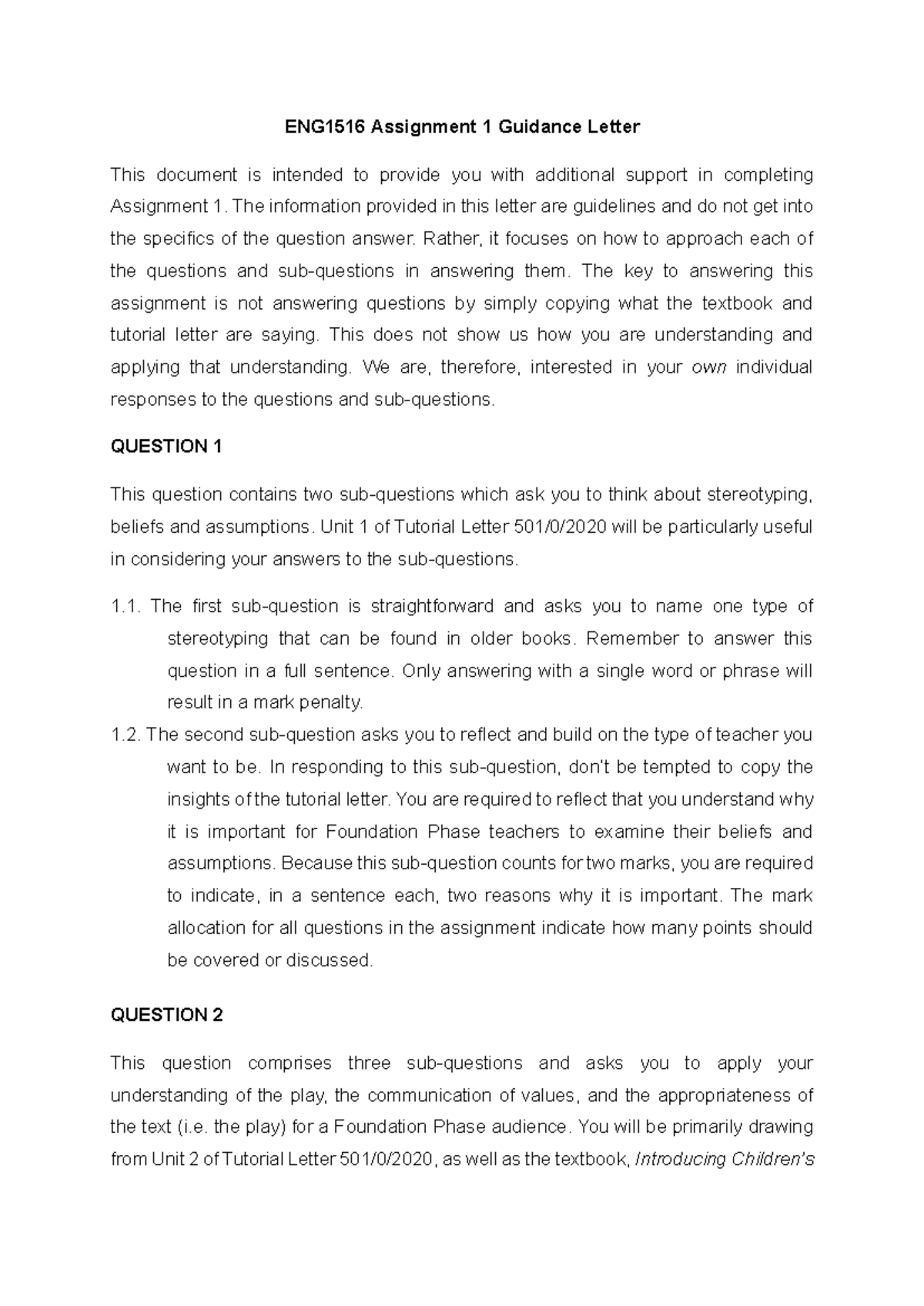 Assignment 1 Guidance Letter - ENG1516 Assignment 1 Guidance Letter ...