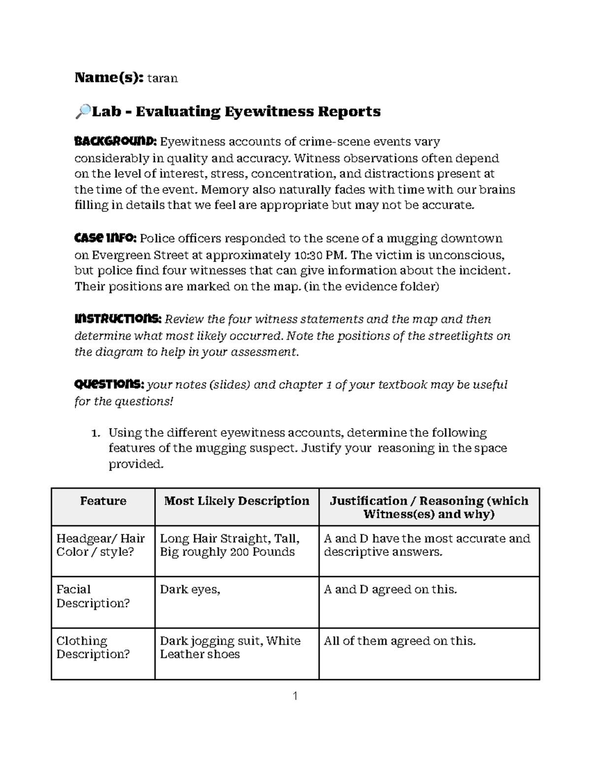 Jeffery Williams- 🔎Lab - Evaluating Eyewitness Reports - Name(s): taran ...