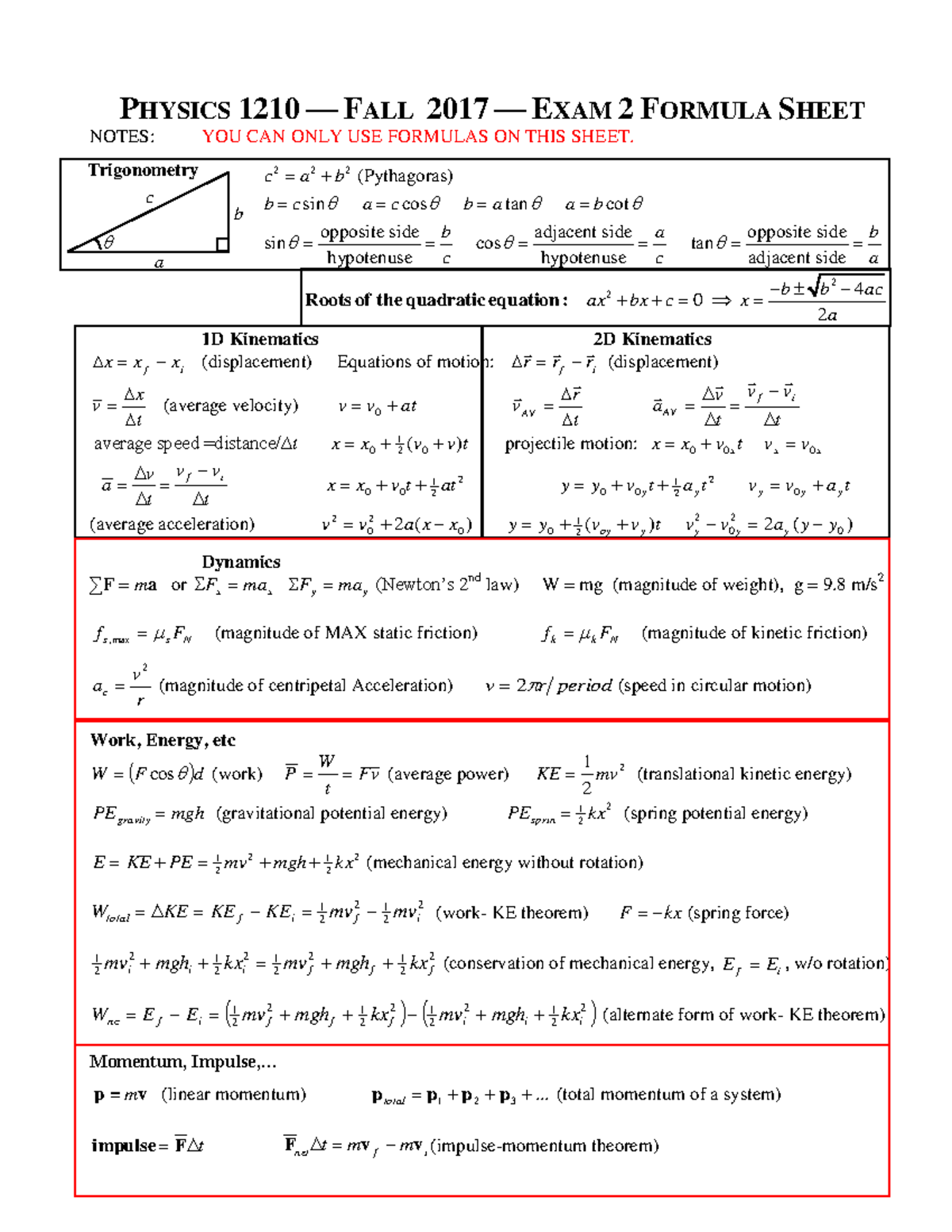 Fall2017 Exam2Formula Sheet - PHYSICS 1210 — FALL 2017 — EXAM 2 FORMULA ...