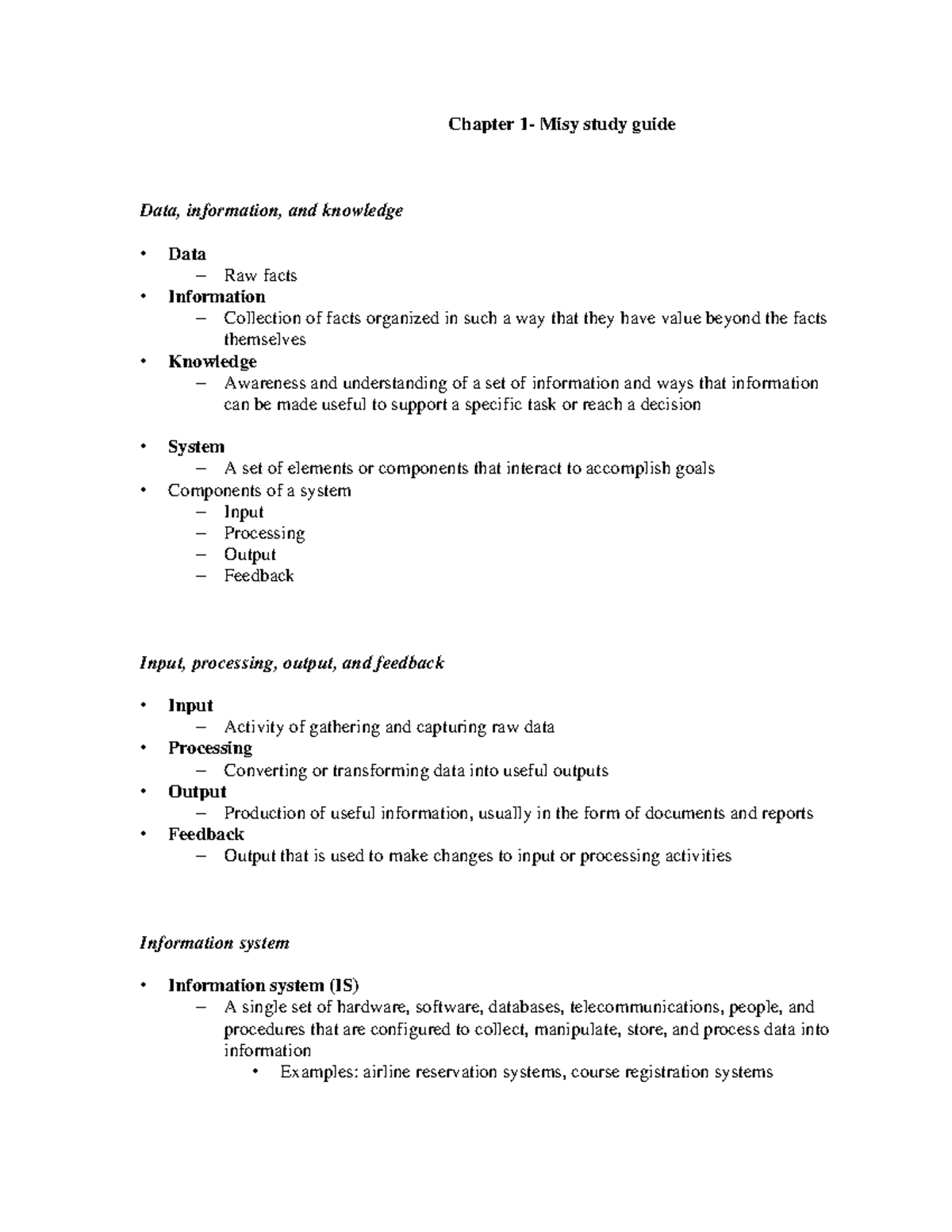 Chapter 1- misy - Lecture notes 1 - Chapter 1- Misy study guide Data ...