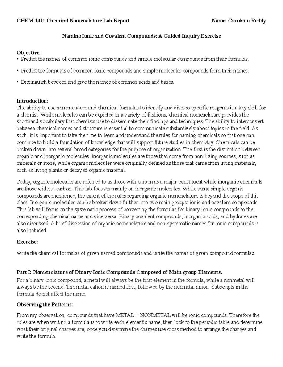 CHEM 1411 Nomenclature Exercise Lab Report - CHEM 1411 Chemical ...