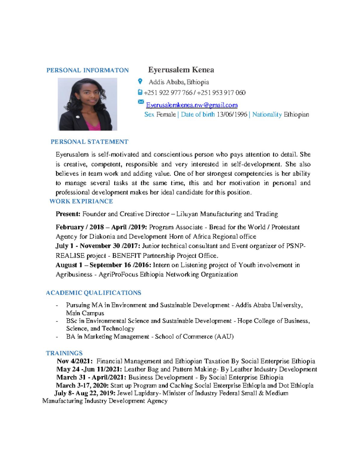JAN - 2022 Eyerusalem Kenea CV - PERSONAL INFORMATON Eyerusalem Kenea ...