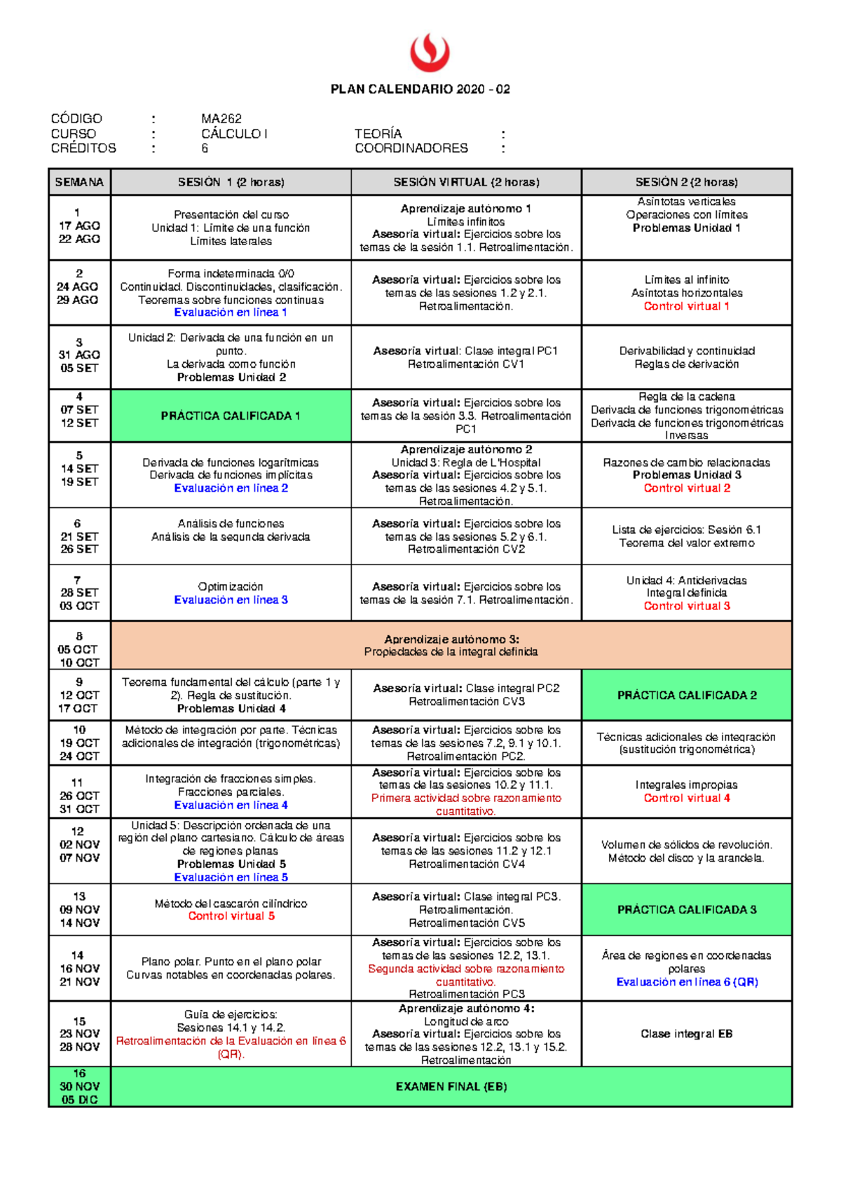 MA262 PL CA 2020 02 - PLAN CALENDARIO 20 20 - 02 CÓDIGO : MA 262 CURSO ...