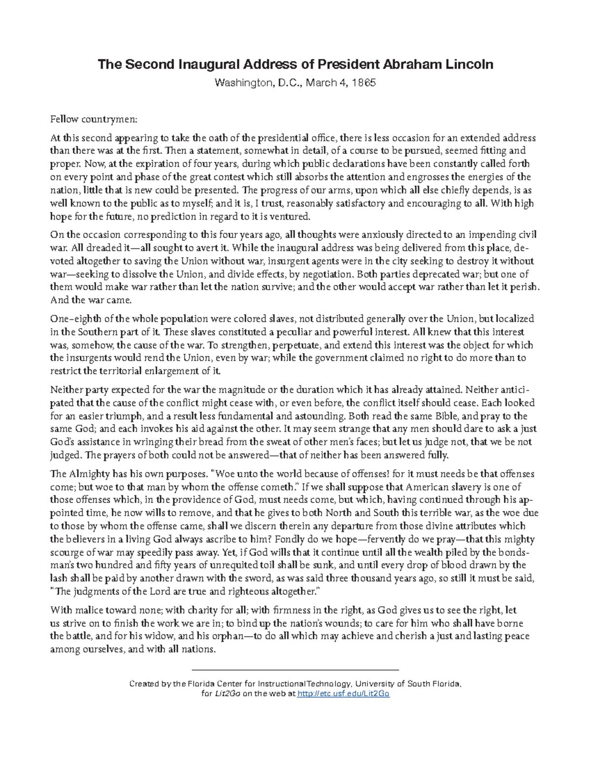 Lincoln, Second inaugural Address - The Second Inaugural Address of ...