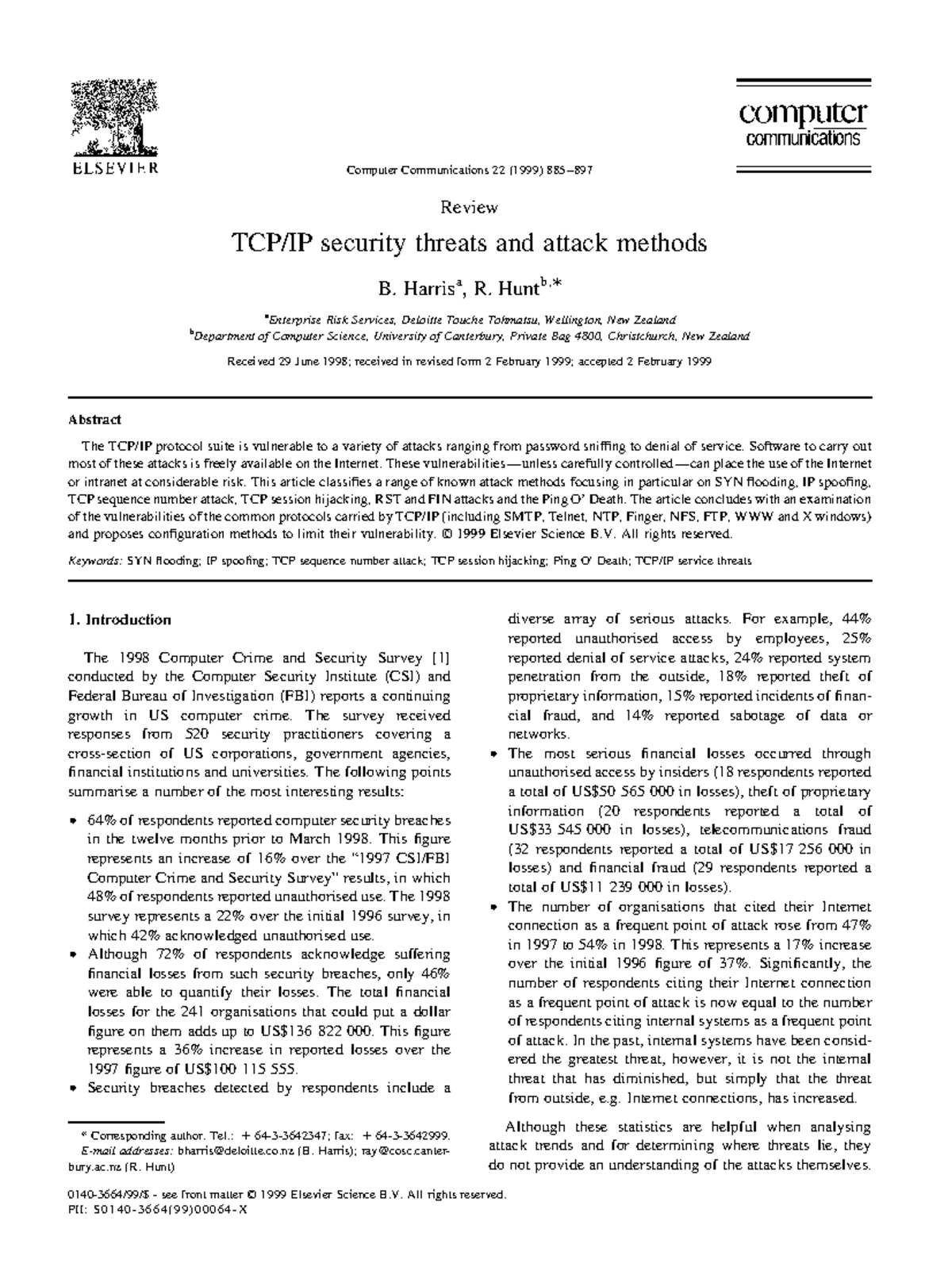 Security issues TCP-IP - Review TCP/IP security threats and attack methods B. Harris a , R. Hunt ...