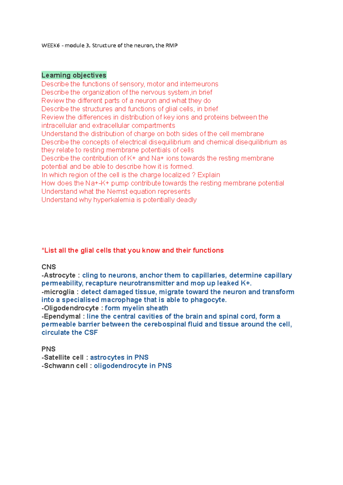 WEEK6 - Structure of the neuron, the RMP Learning objectives Describe ...