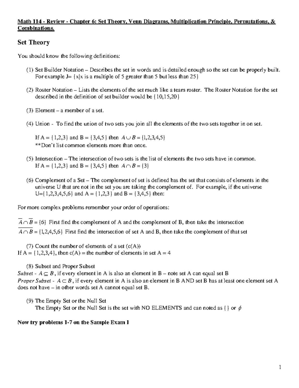 Math 114 exam 1 review - Math 114 - Review - Chapter 6: Set Theory ...