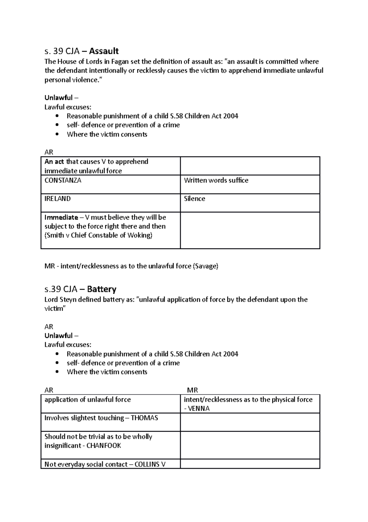 Offences against the person tables - s. 39 CJA Assault The House of ...