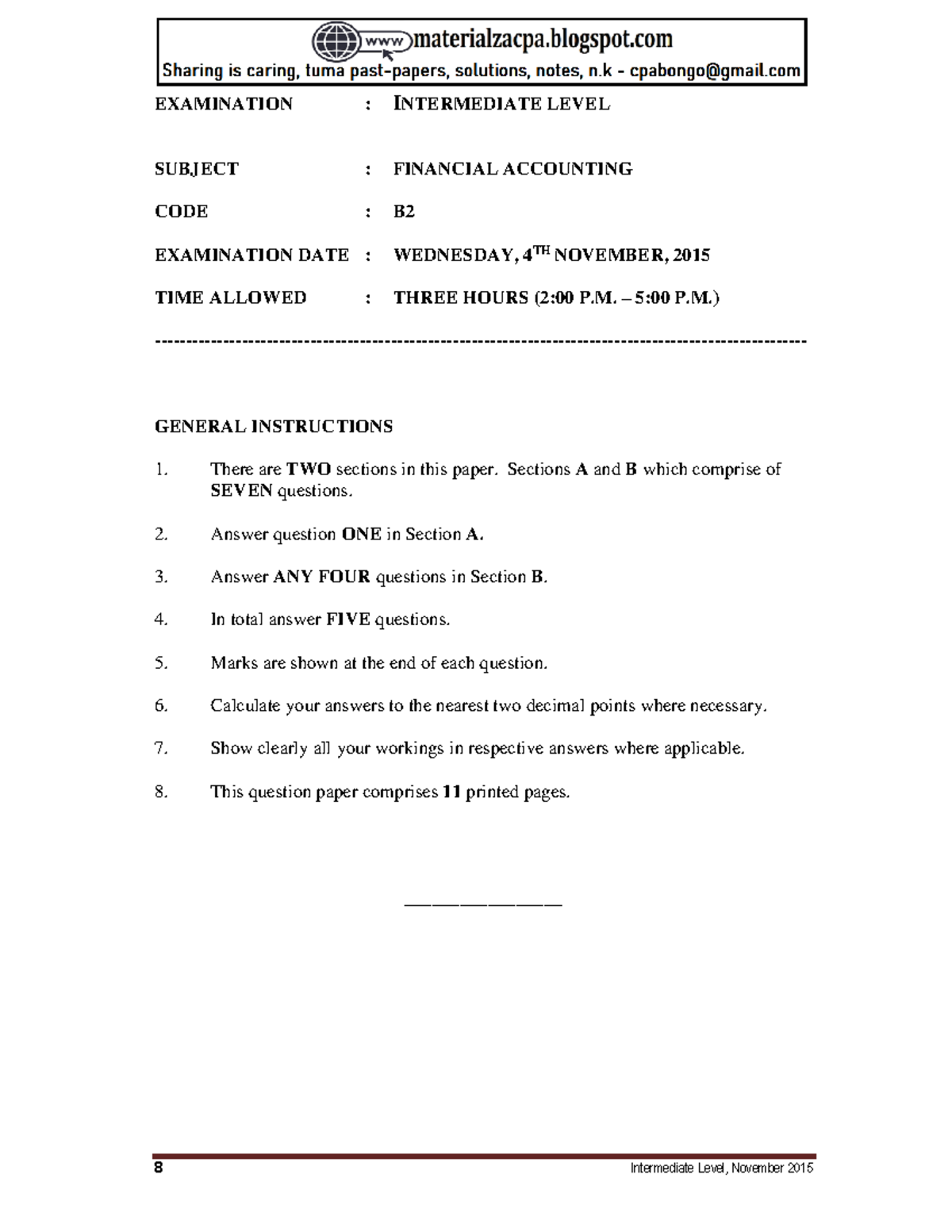 Intermediate NOV 2015 B2 - EXAMINATION : INTERMEDIATE LEVEL SUBJECT : FINANCIAL ACCOUNTING ...
