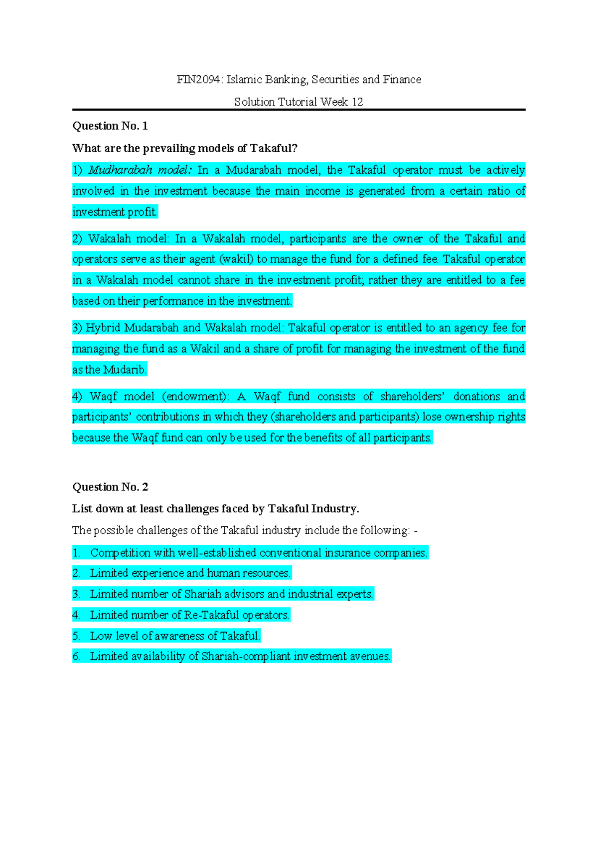 Solution Tutorial Week 12 FIN2094 IBSF - FIN2094: Islamic Banking ...