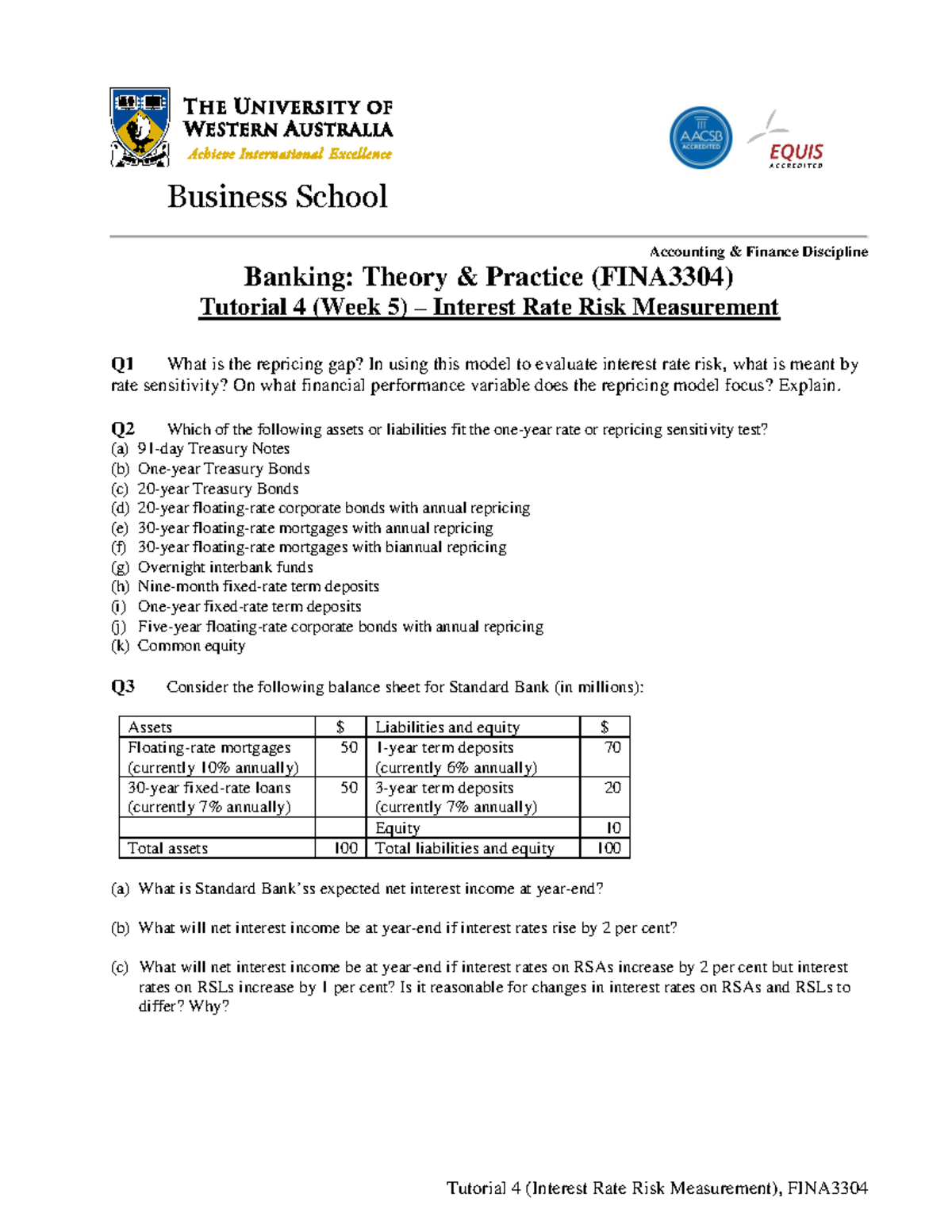 Semester 1, 2020 Tutorial 4 (Interest Rate Risk Measurement) - Tutorial ...