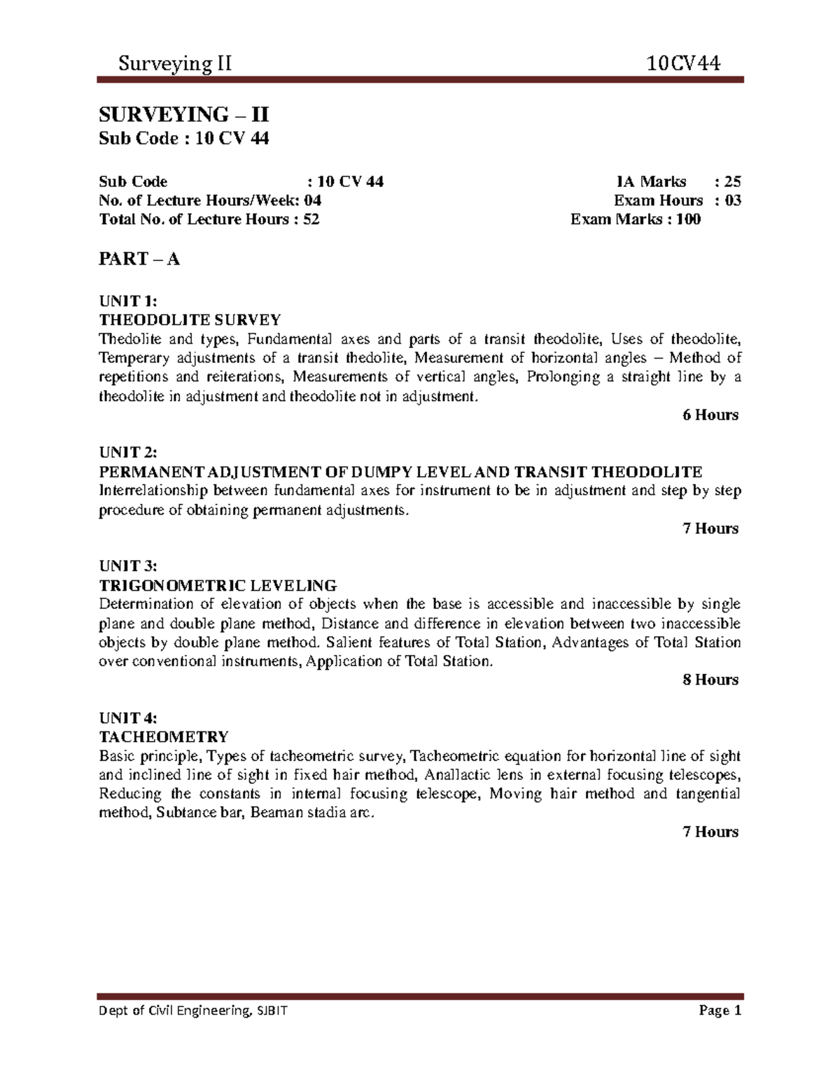 Survey II - Allow notes - SURVEYING – II Sub Code : 10 CV 44 Sub Code ...