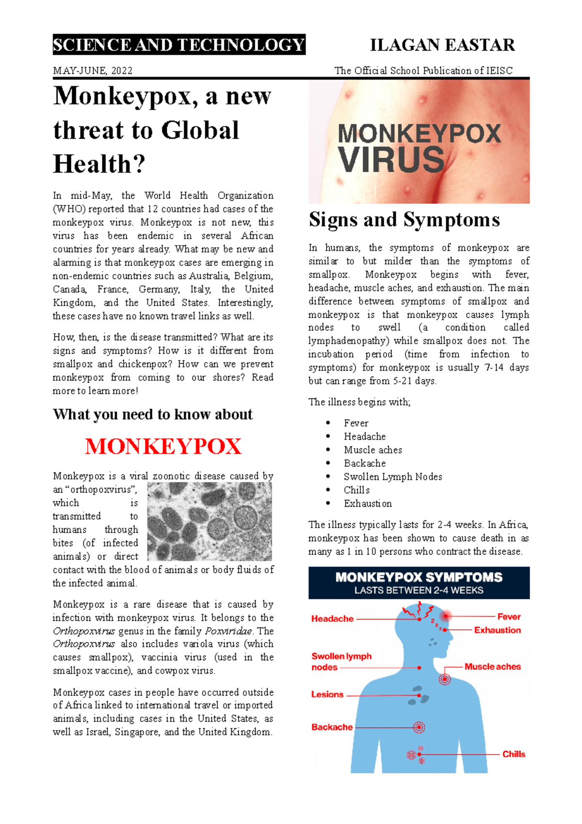 Monkeypox Virus - SCIENCE AND TECHNOLOGY ILAGAN EASTAR MAY-JUNE, 2022 The Official School - Studocu