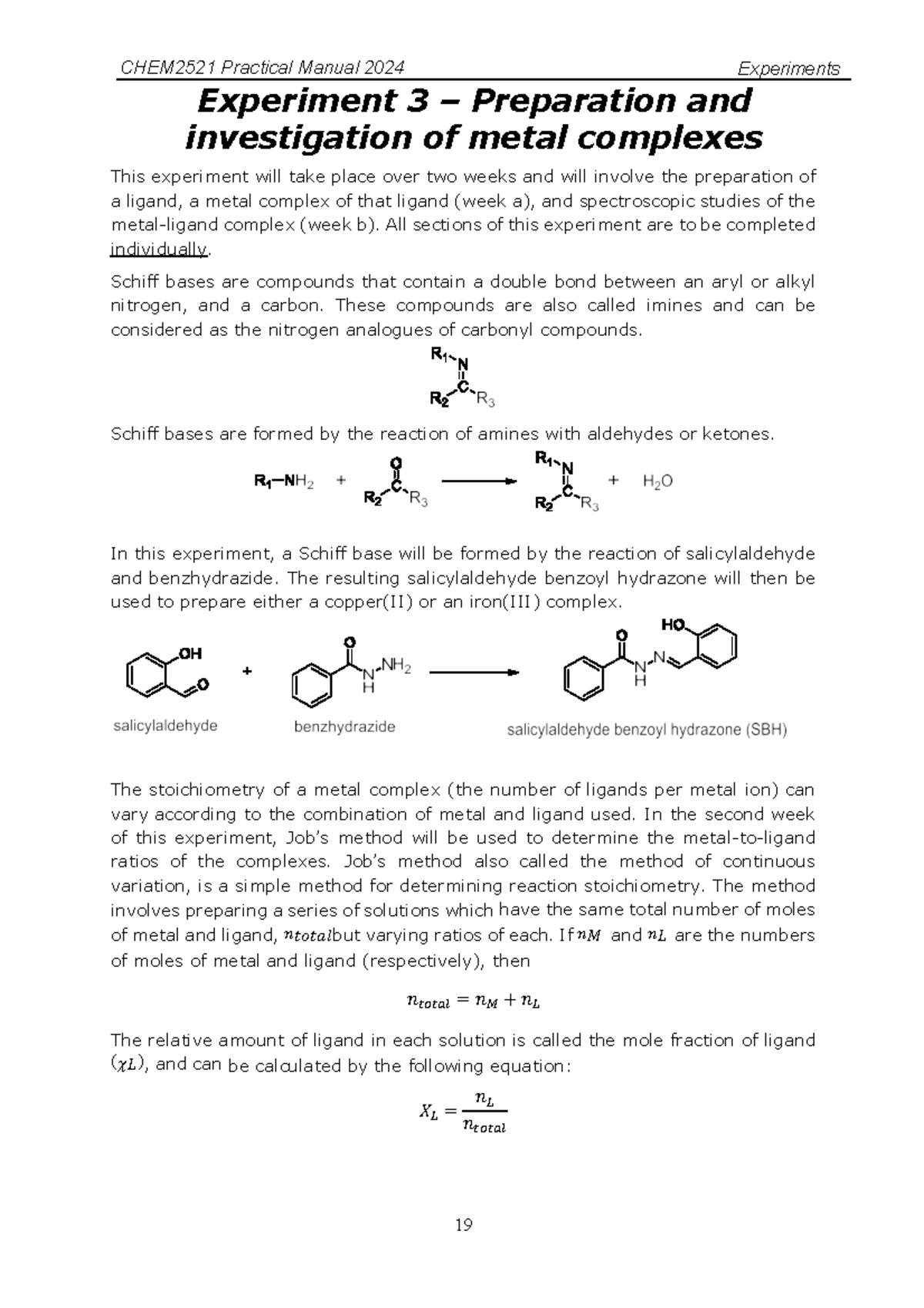 CHEM2XX1 Manual 2024 final copy - Experiments Experiment 3 – Preparation and investigation of ...