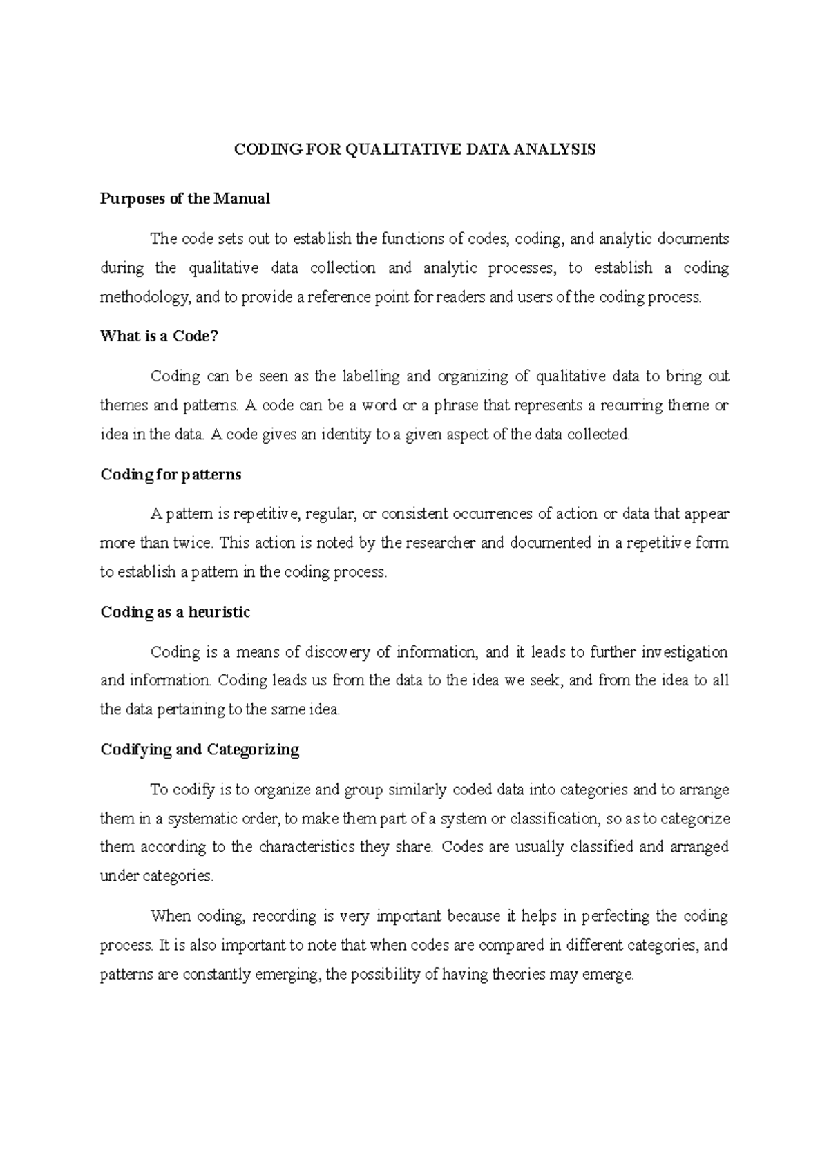 Coding for Qualitative Data Analysis - CODING FOR QUALITATIVE DATA ...