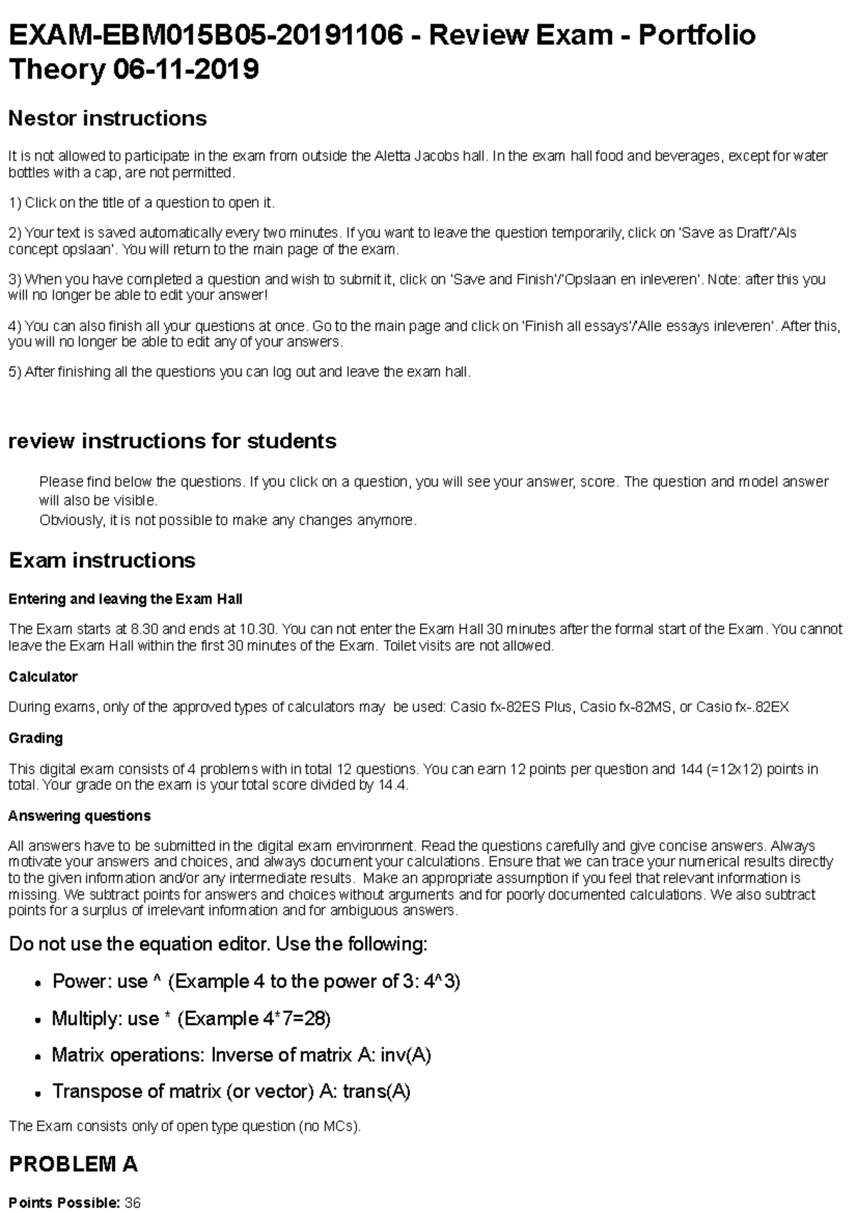 2019-11-06 Exam Portfolio Theory - with answers - EXAM-EBM015B05 ...