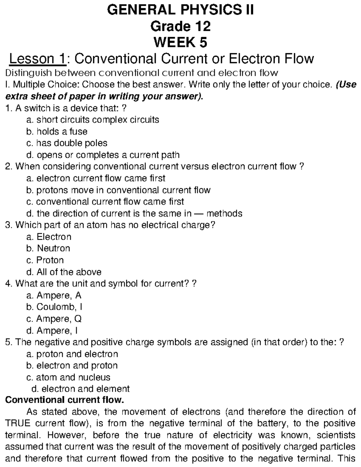 Module 5 and 6 - notes - GENERAL PHYSICS II Grade 12 WEEK 5 Lesson 1 ...