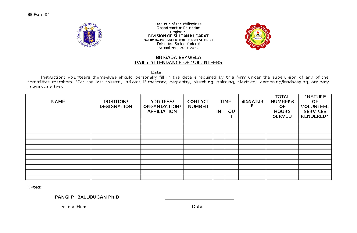 BE Form 4 Daily Attendance OF Volunteers 1 - BE Form 04 Republic of the ...
