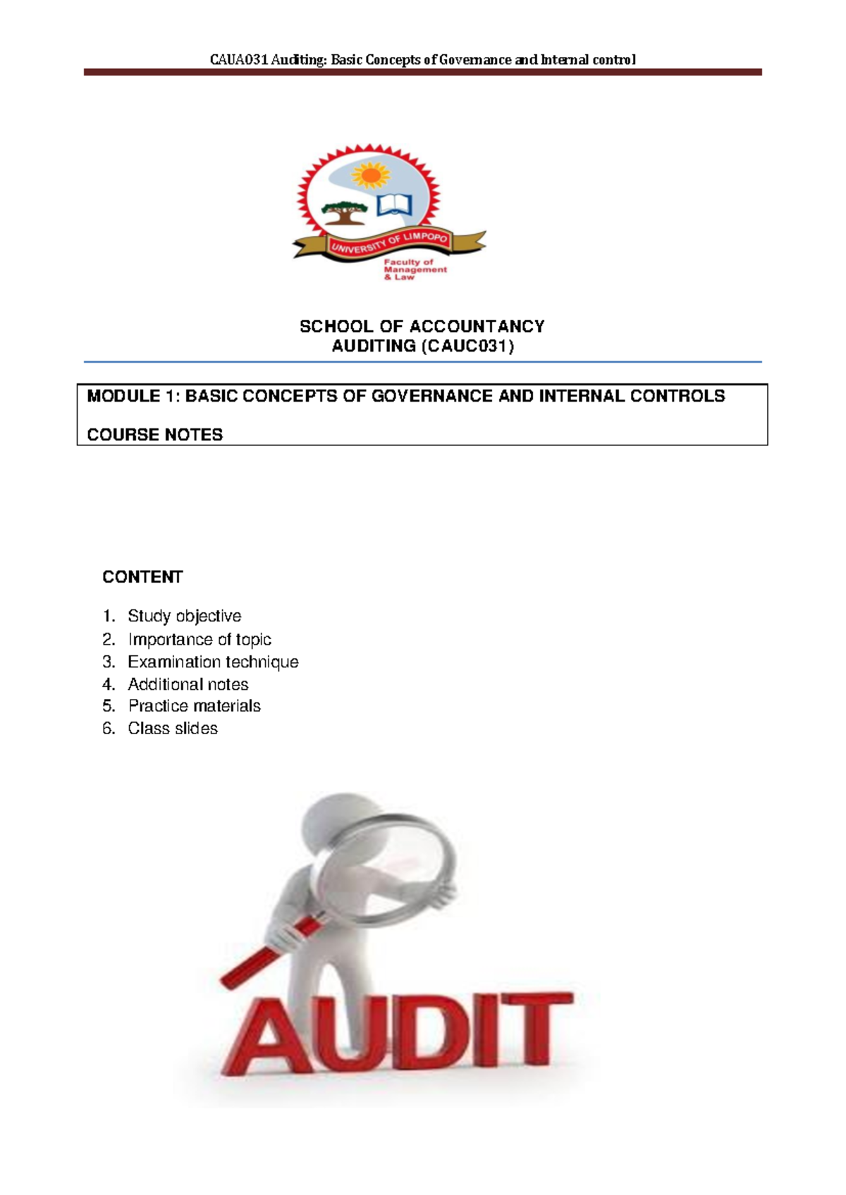 Module 1 Course notes Governance and Internal controls - SCHOOL OF ...