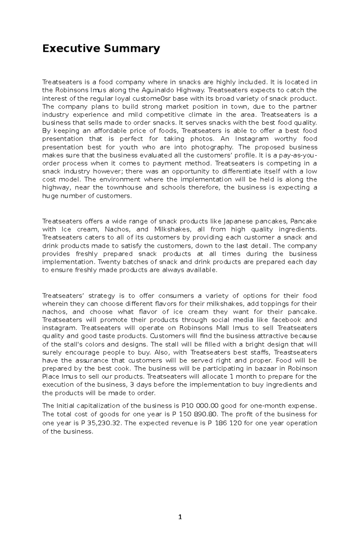 Business Plan 1 Grade 11 Treatseaters Entrepreneurship DLSUD 