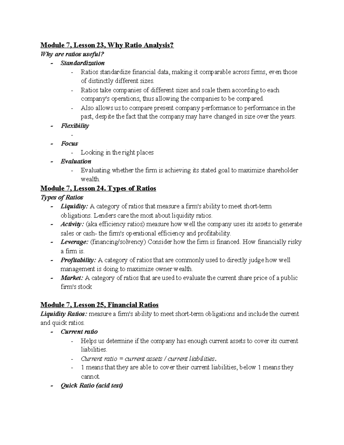 D076 Mod 7 Notes - Module 7, Lesson 23, Why Ratio Analysis? Why are ...