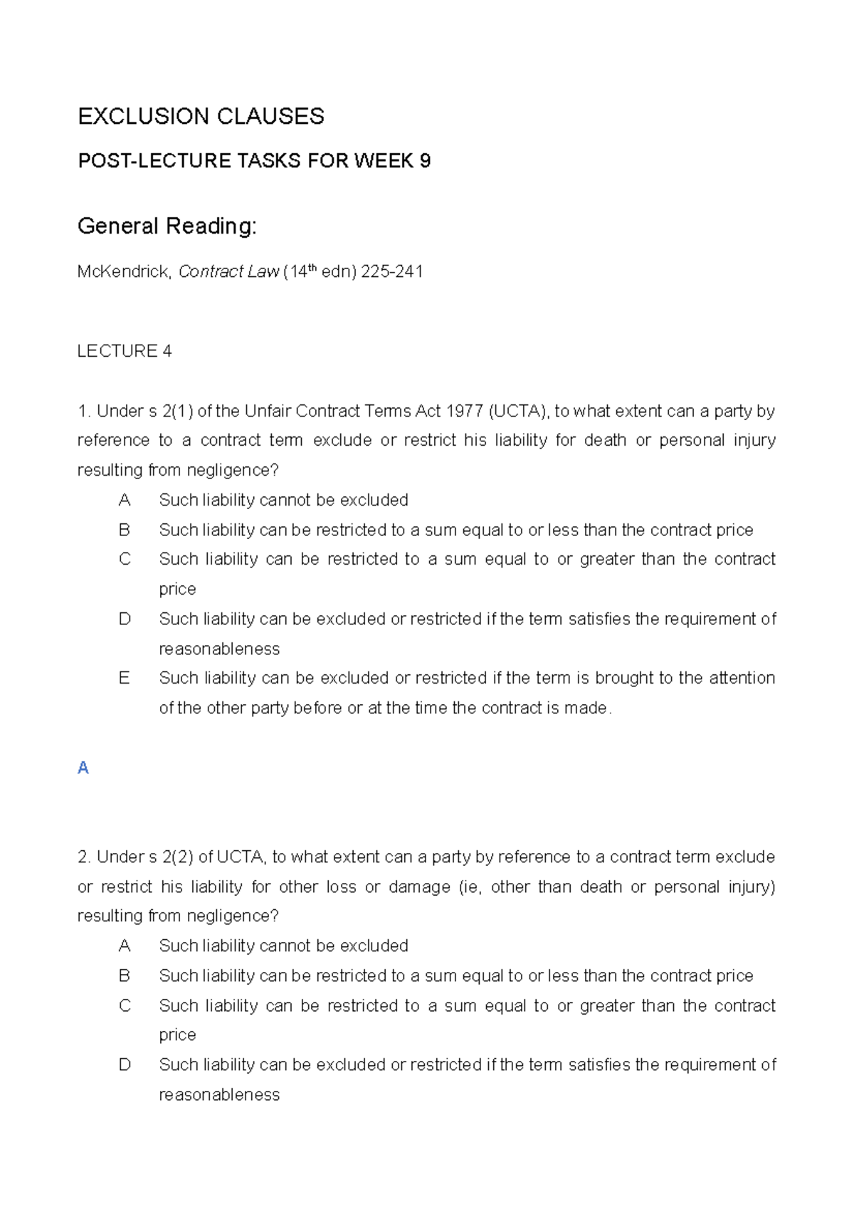 Contract 2122 Exclusion Clauses Tasks Week 9 Answer Notes - EXCLUSION ...