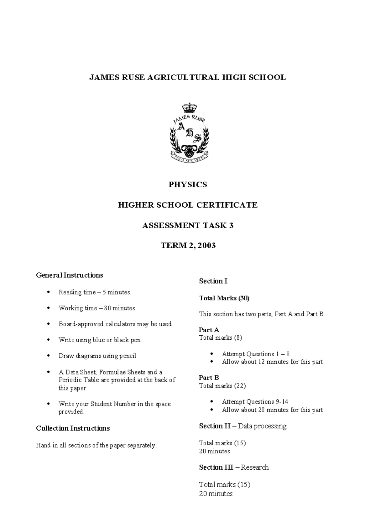 James Ruse 2003 Physics Term 2 - JAMES RUSE AGRICULTURAL HIGH SCHOOL ...
