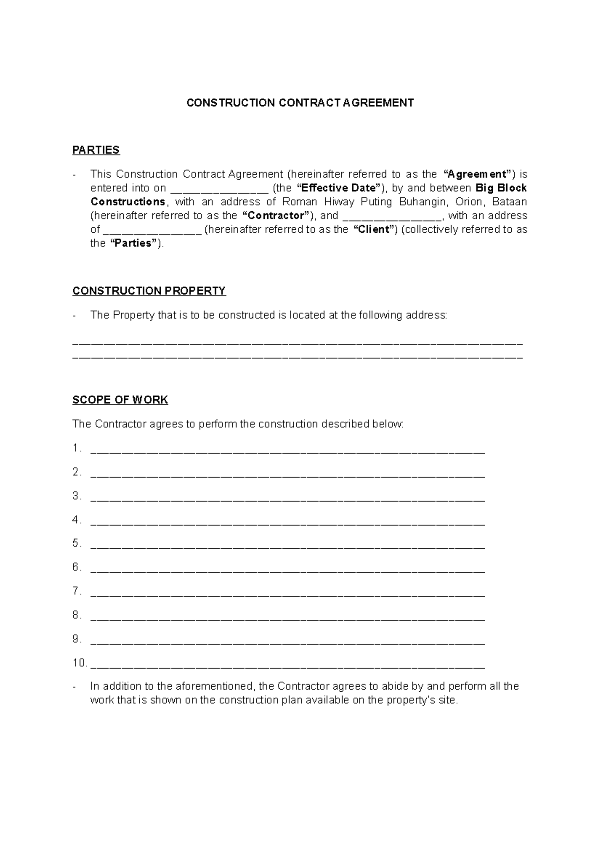 Construction- Contract- Agreement Stonesteel - CONSTRUCTION CONTRACT ...