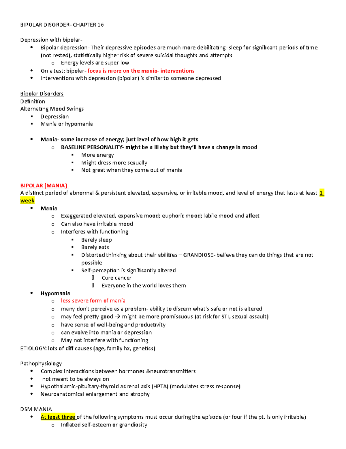 NURS 322- Bipolar Disorder - BIPOLAR DISORDER- CHAPTER 16 Depression ...