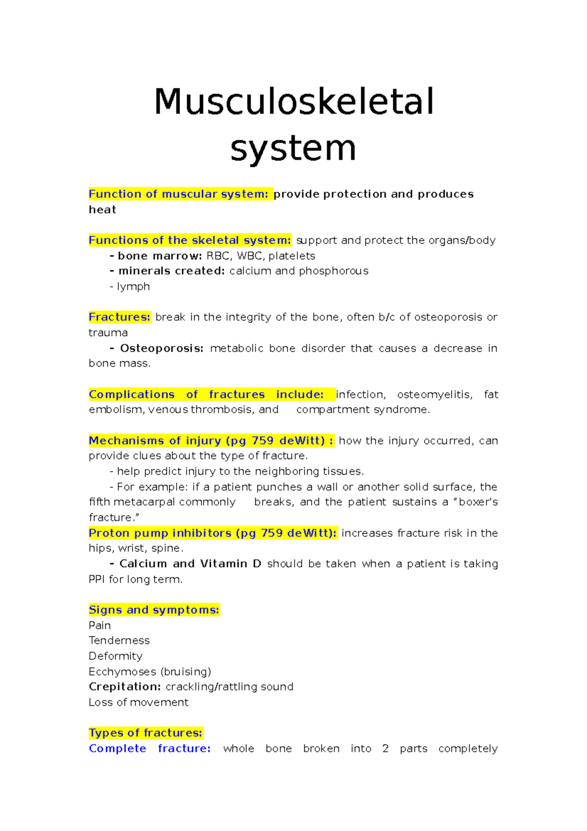 MED SG Study Guide - med surg 1 notes - Musculoskeletal system Function ...