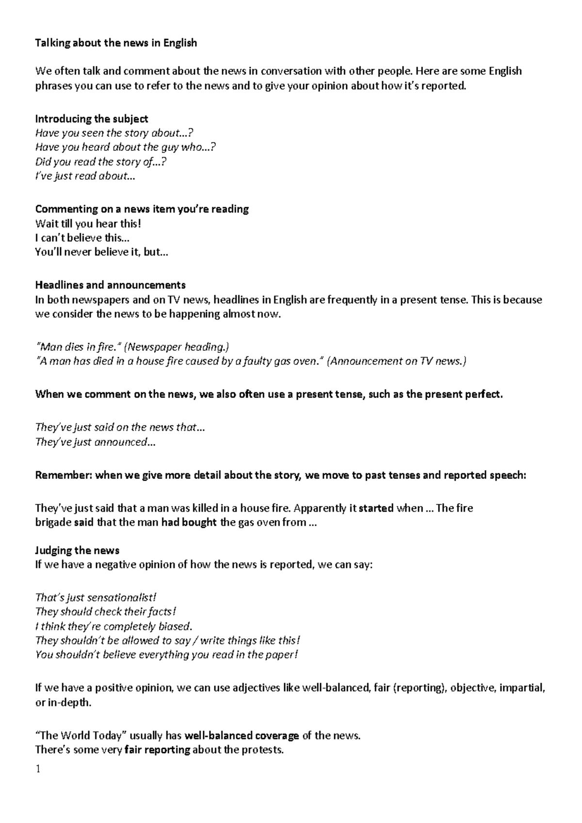 Talking about news - ingles - ####### Talking about the news in English ...