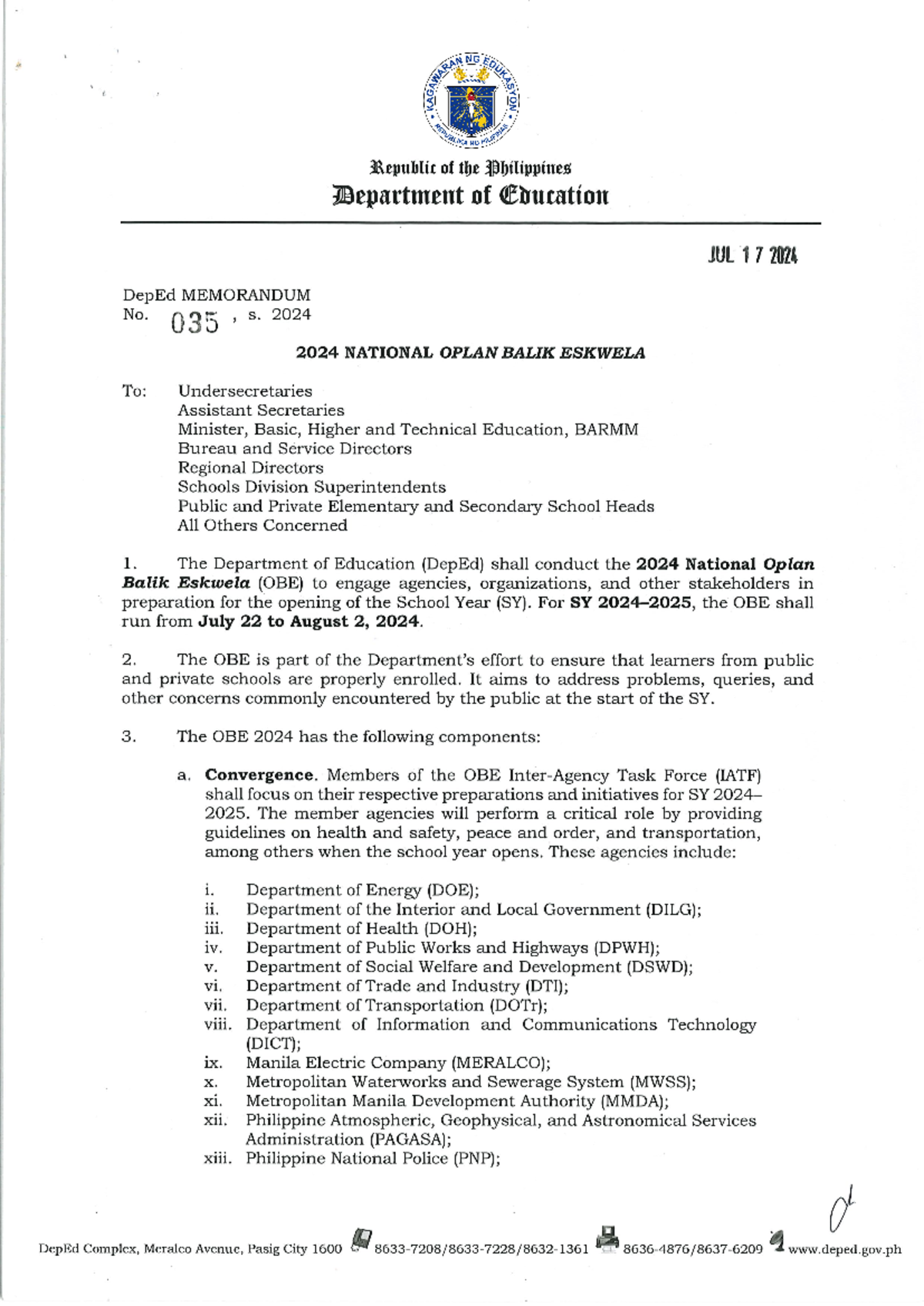 DM s2024 035 - Deped memo - NG DEPARTMENT NG Republic of the ...