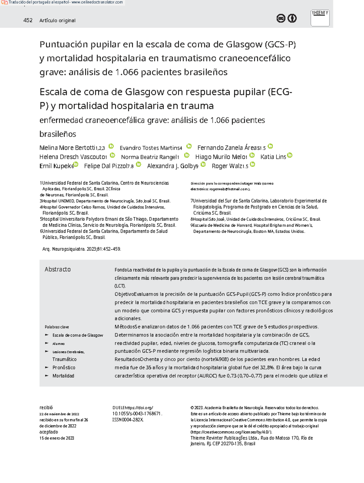 Glasgow coma scale pupil score GCS-P and the hospi - Artículo publicado ...
