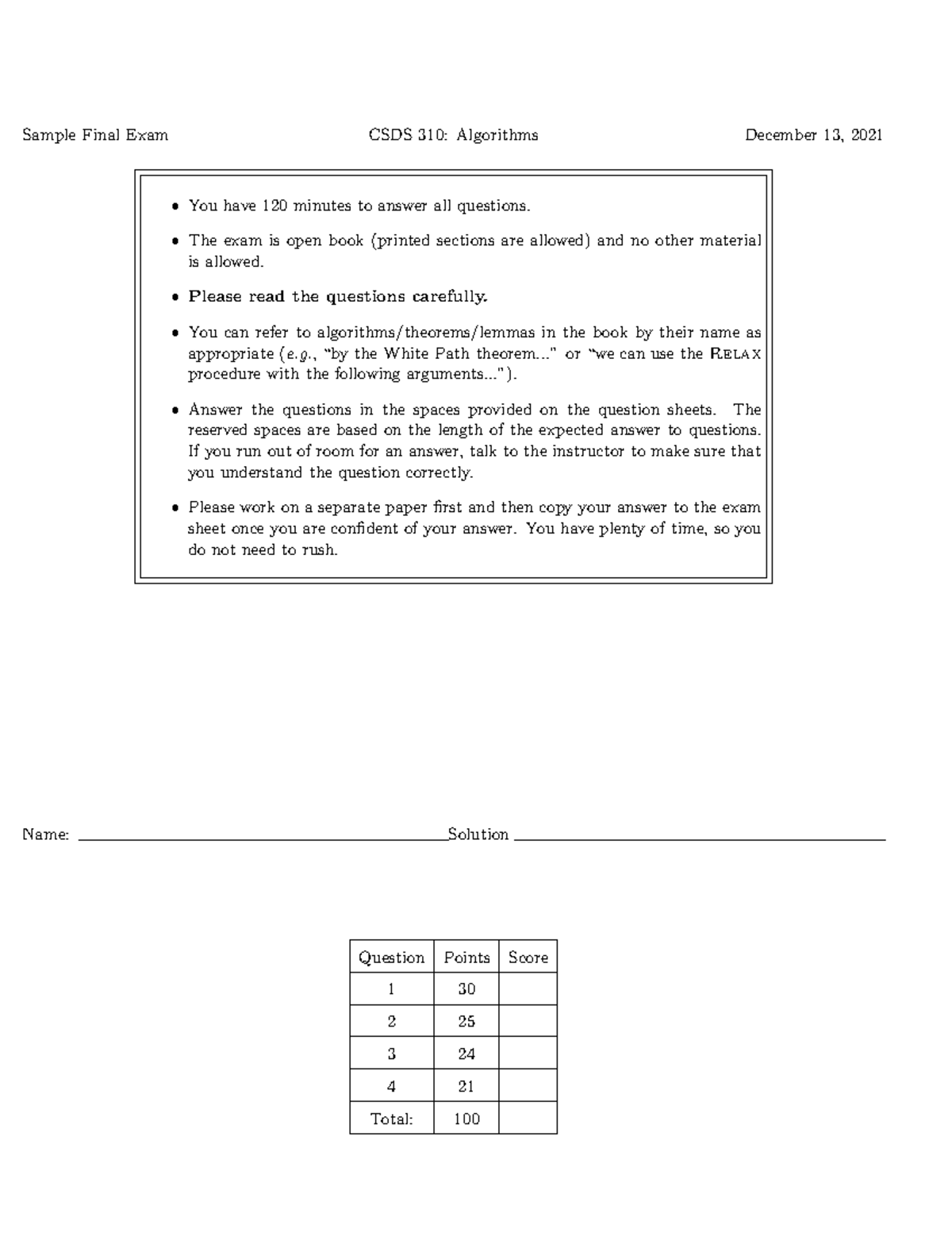 Sample Final Fall2021 Solution - Sample Final Exam CSDS 310: Algorithms December 13, 2021 You ...