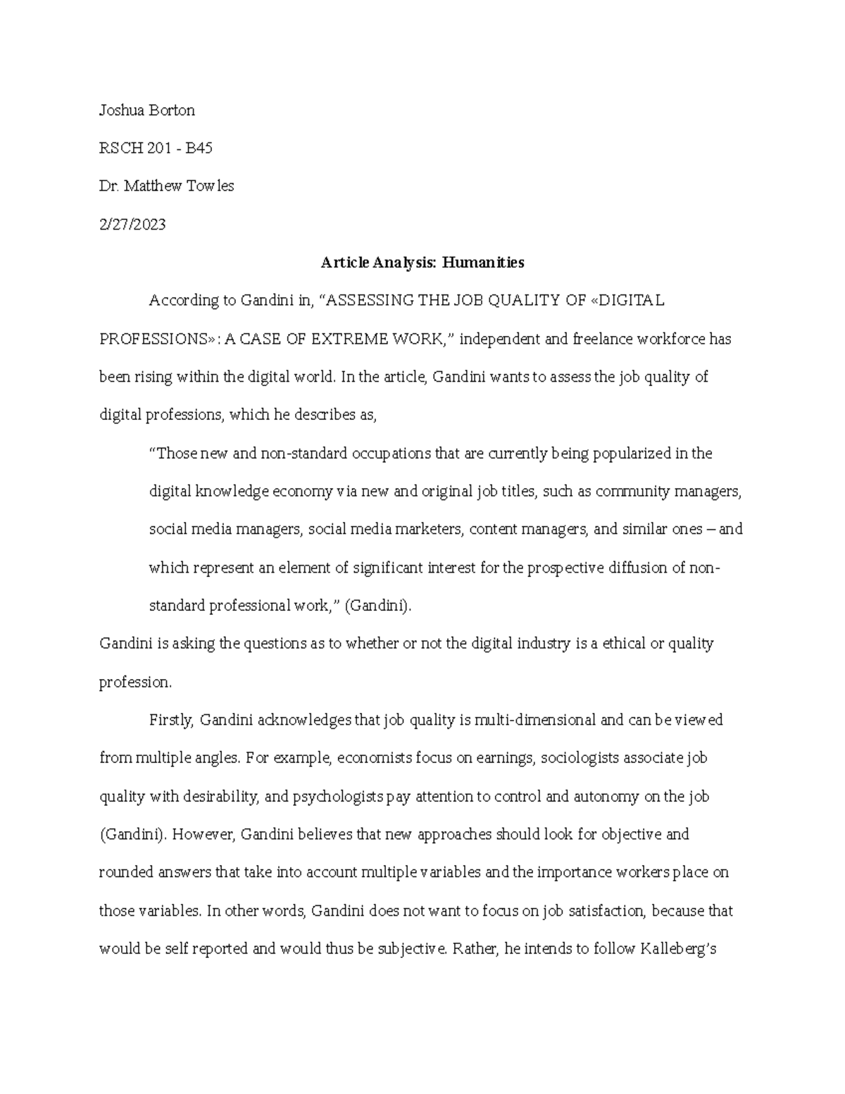 Article Analysis Humanities - Joshua Borton RSCH 201 - B Dr. Matthew ...