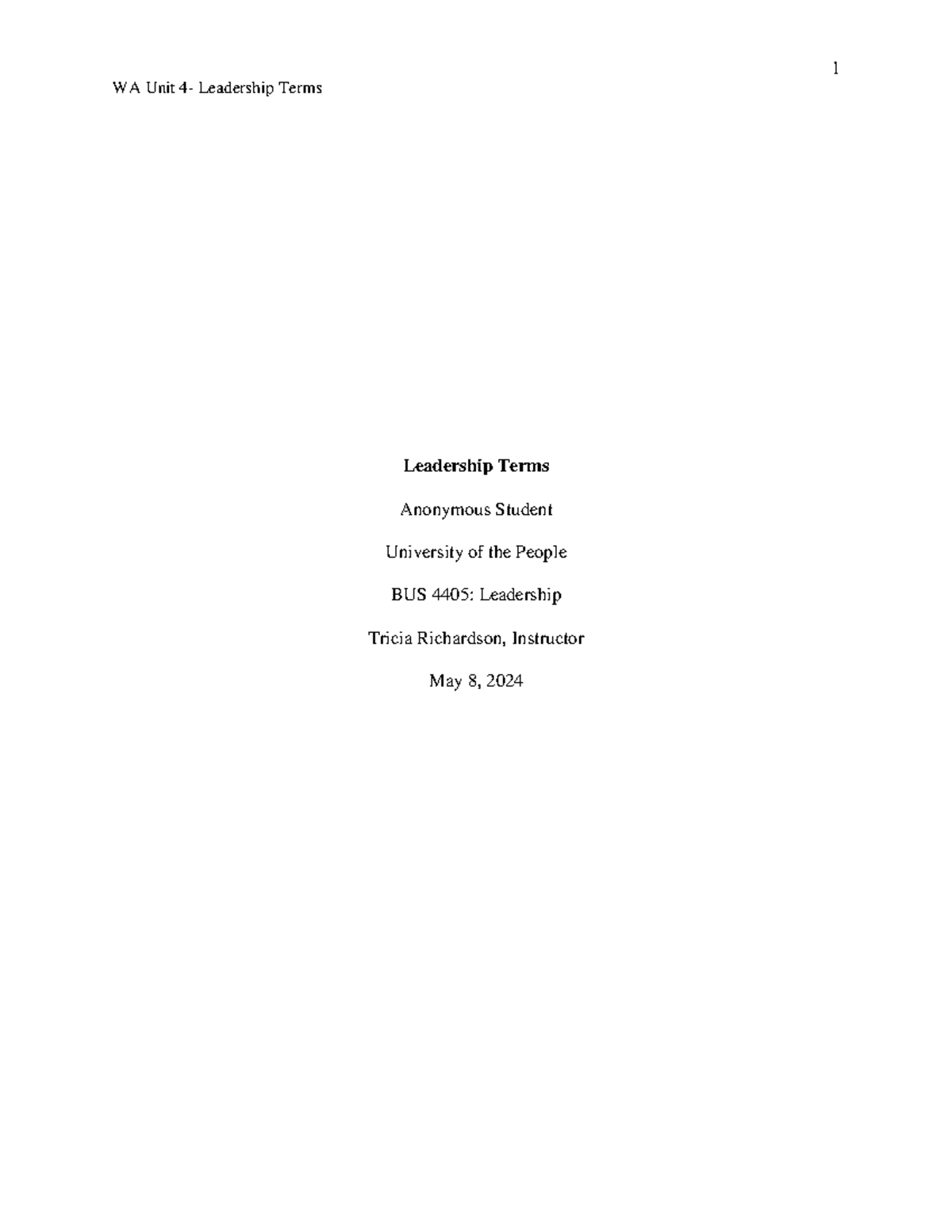 WA Unit 4- Leadership Terms - WA Unit 4 - Leadership Terms Leadership ...