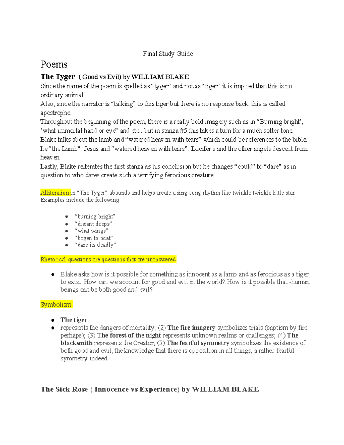 Doc 6 english 111 - lecture - Final Study Guide Poems The Tyger ( Good ...