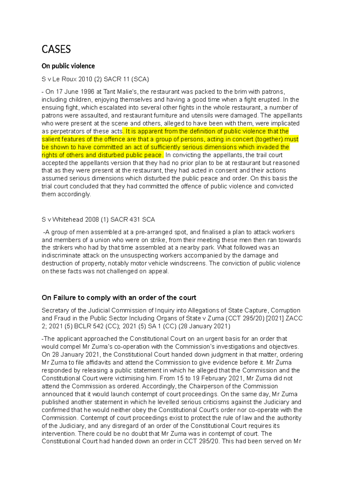 Cases - Summary Law Of Persons - CASES On public violence S v Le Roux ...