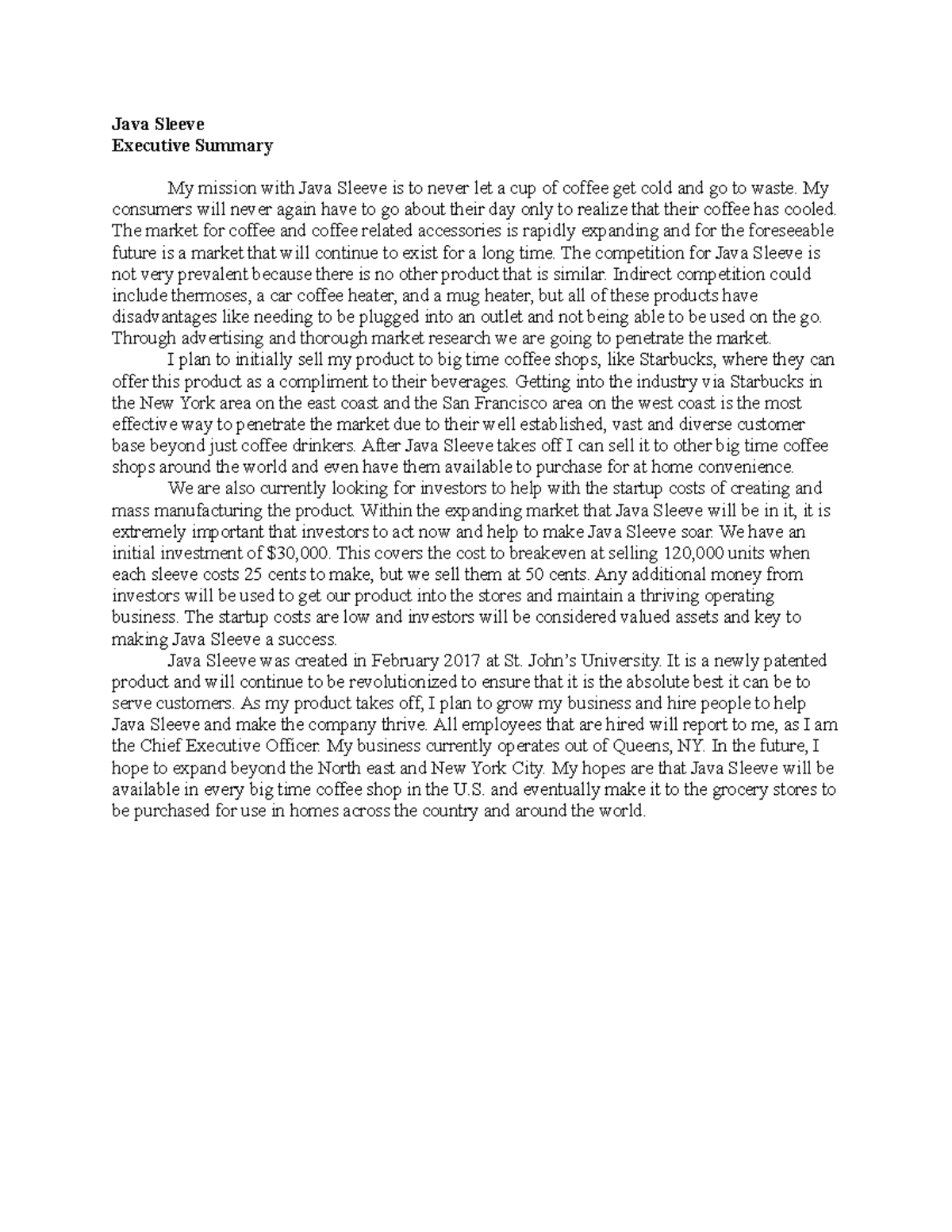 Executive Summary- The Java Sleeve - Java Sleeve Executive Summary My ...