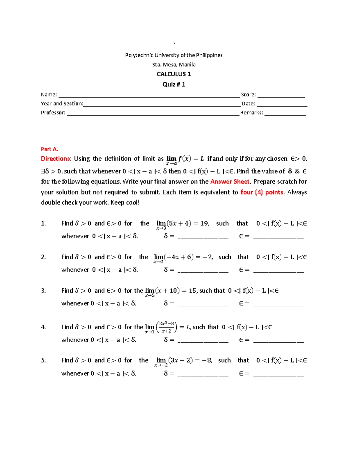 Calculus QUIZ #1 - ` Polytechnic University of the Philippines Sta ...