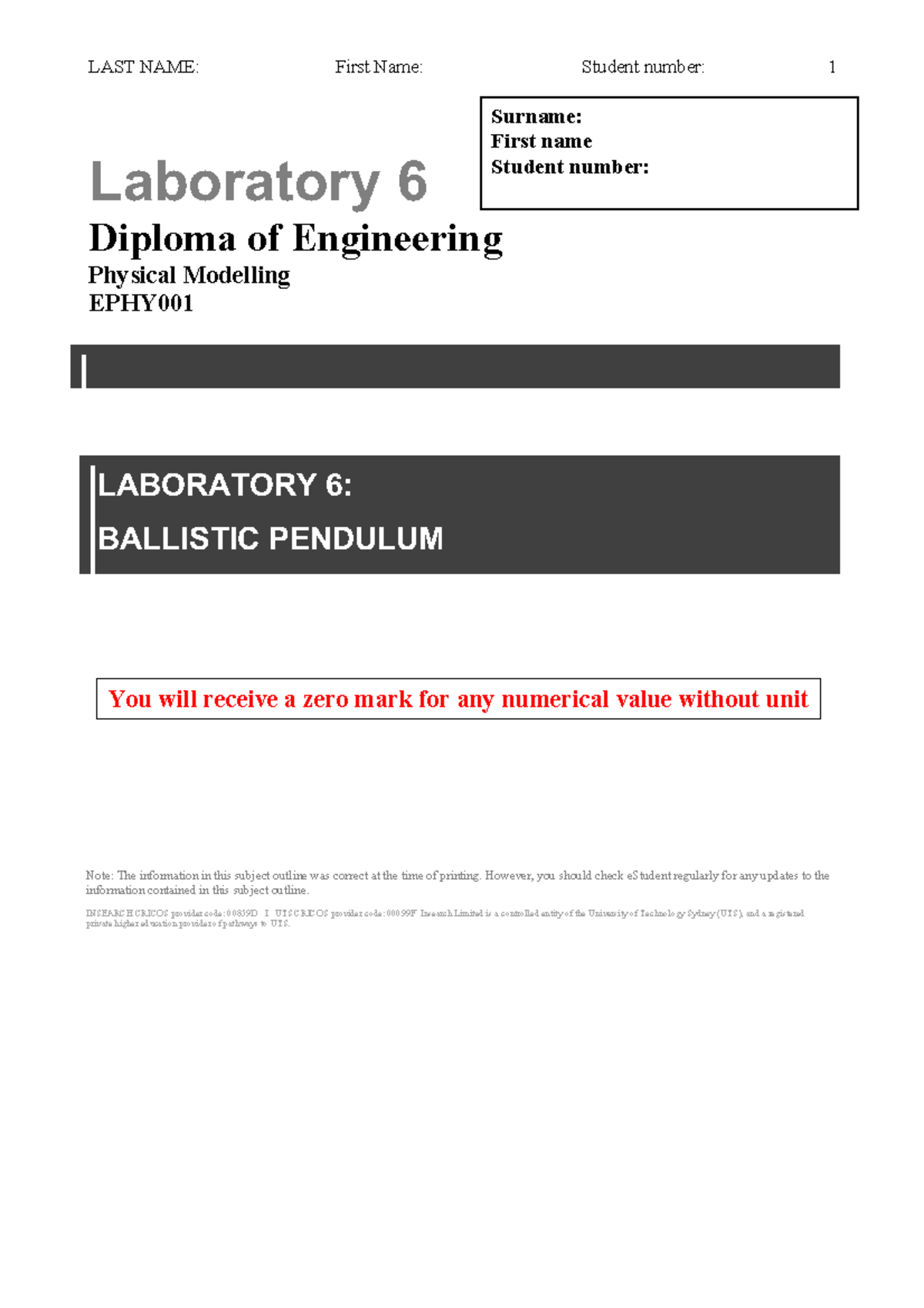 LAB 06 Ballistic Pendulum - Laboratory 6 Diploma of Engineering Physical Modelling EPHY ...
