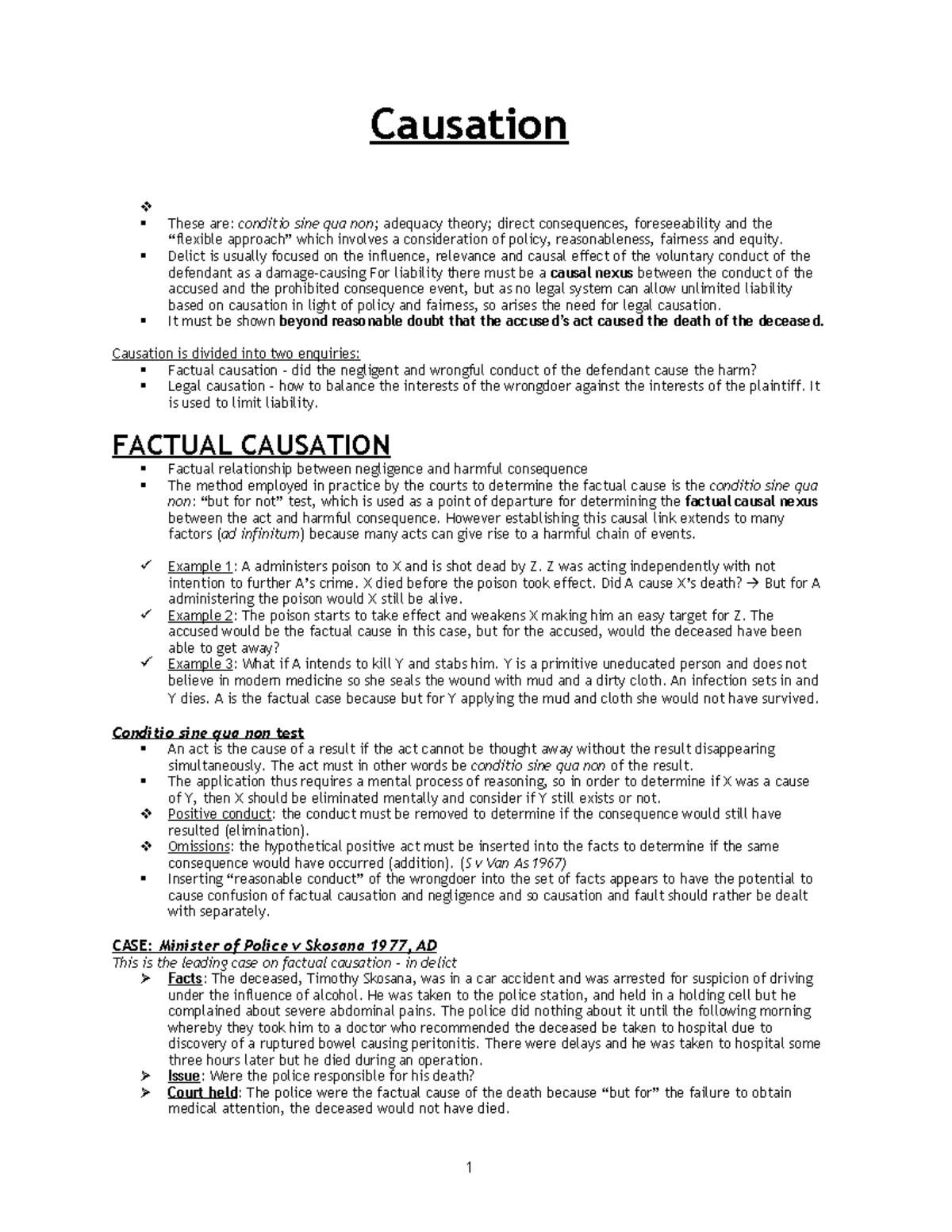 Causation Summary - Causation These are: conditio sine qua non ...