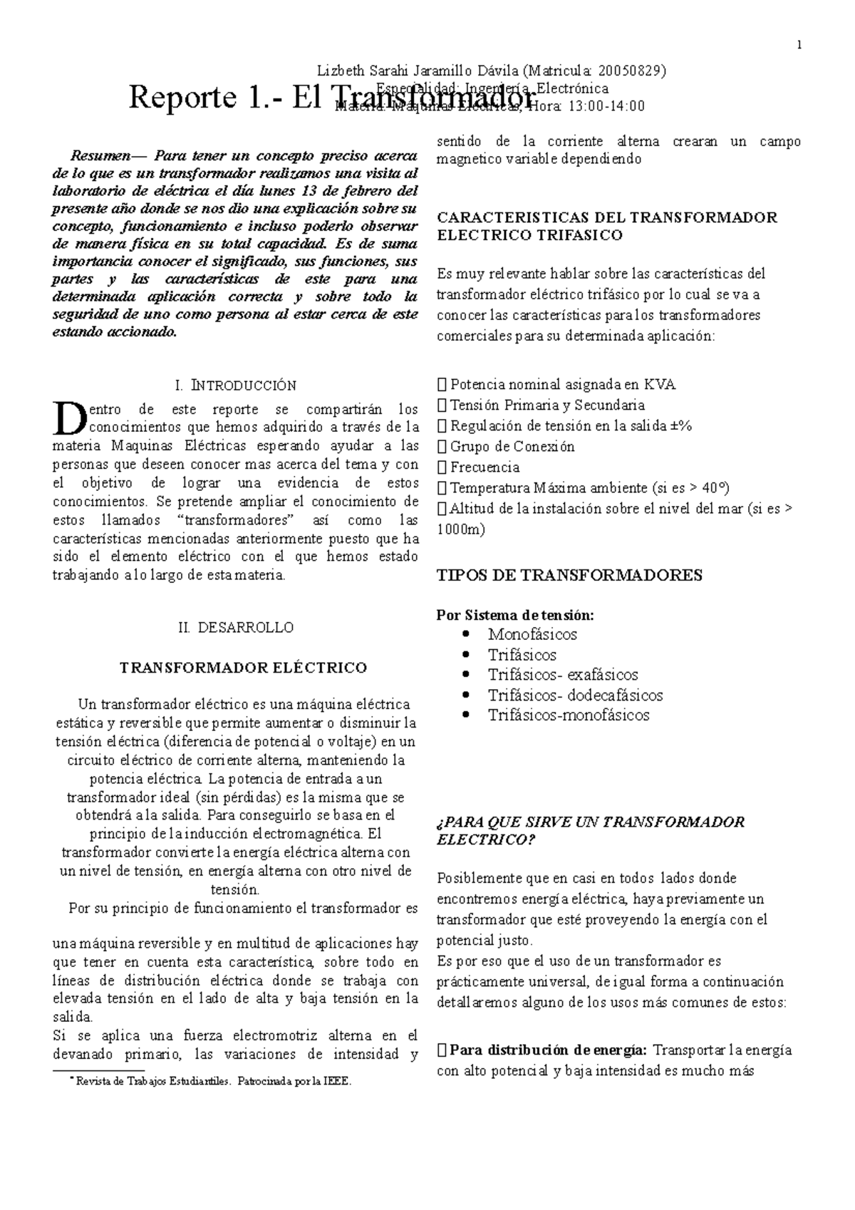 Reporte Maquinas Electricas Lizbeth S. Jaramillo Davila - Resumen— Para tener un concepto ...