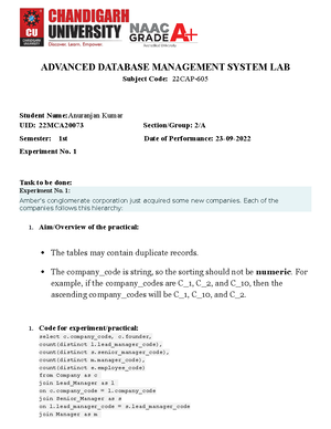 DBMS 1.1 Worksheet - Experiment- 2 Student Name: Arnav Chaudhary UID:21BCS Branch:CSE AIML - Studocu