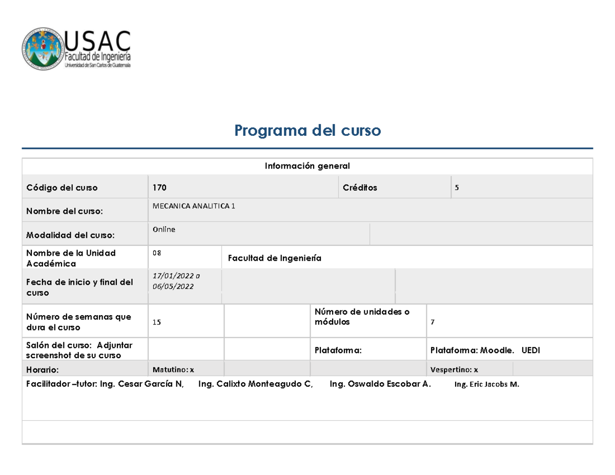 Programacursomecanica 1 Primersem 2022online - Programa del curso ...
