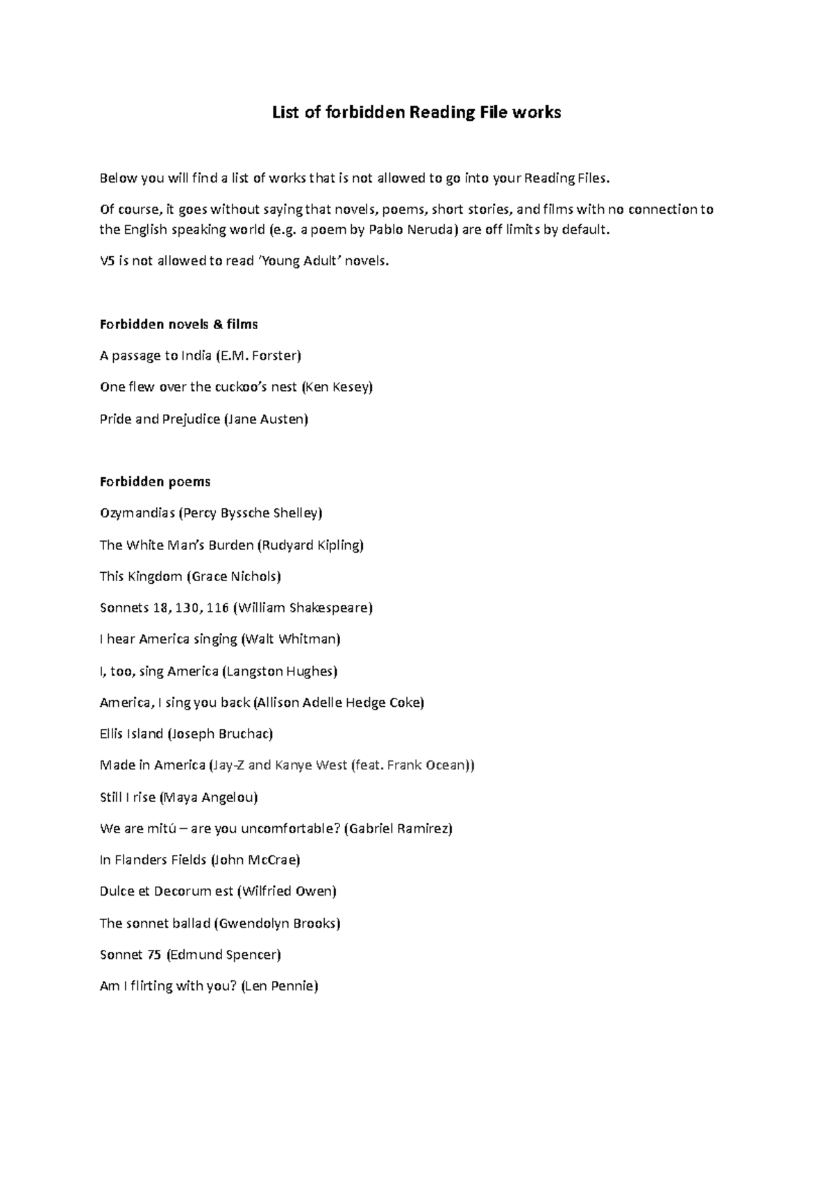 List of forbidden Reading File works - Of course, it goes without ...