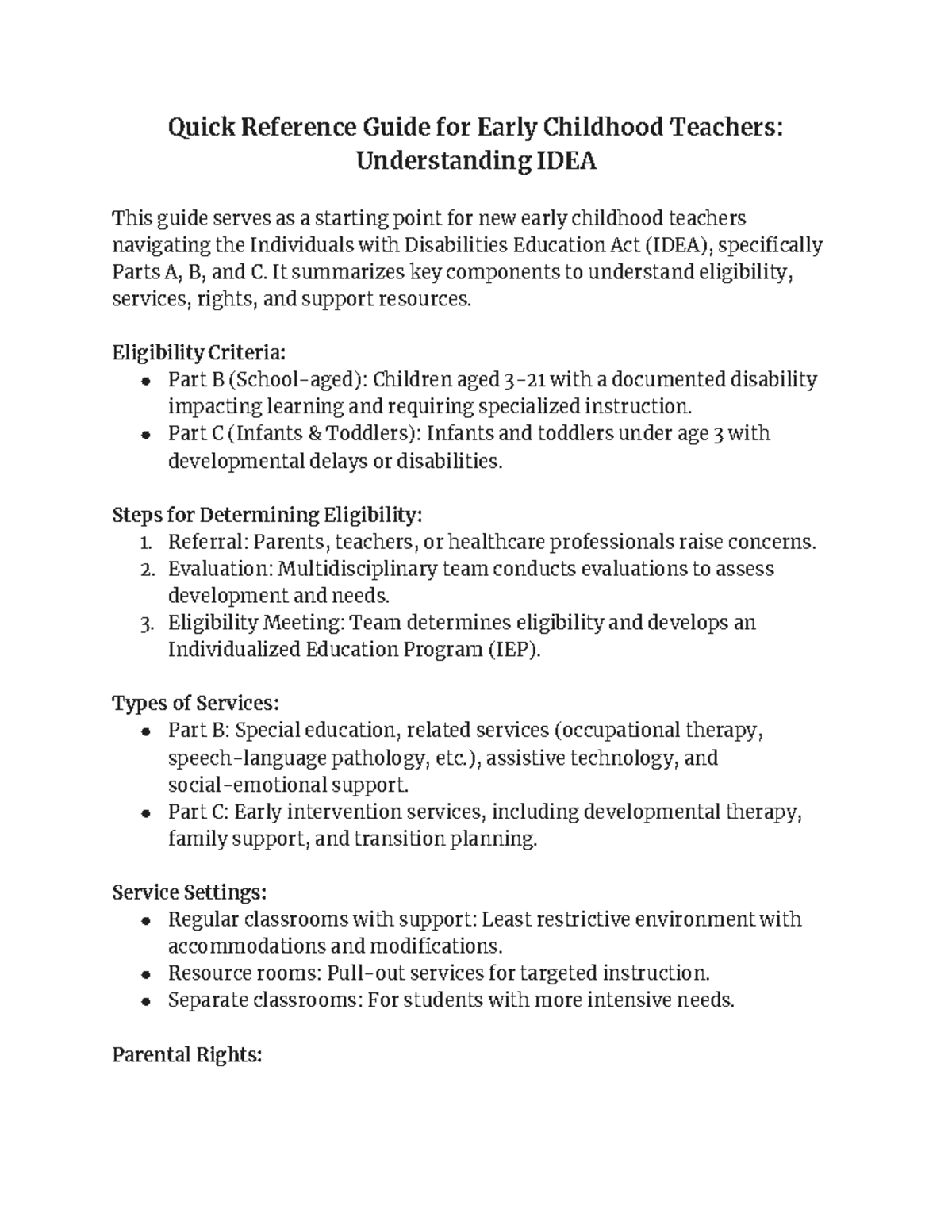 Quick Reference Guide for Early Childhood Teachers Understanding IDEA ...