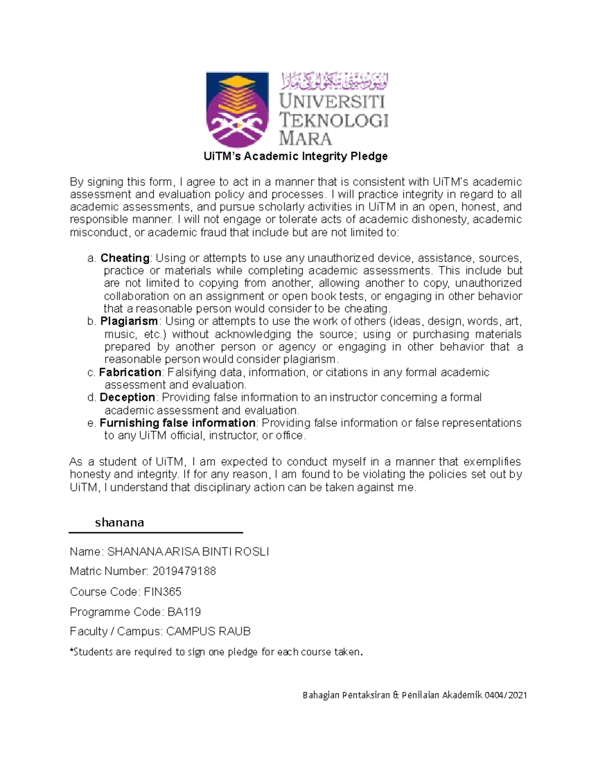 Ui TM’s Academic Integrity Pledge-converted - UiTM’s Academic Integrity ...