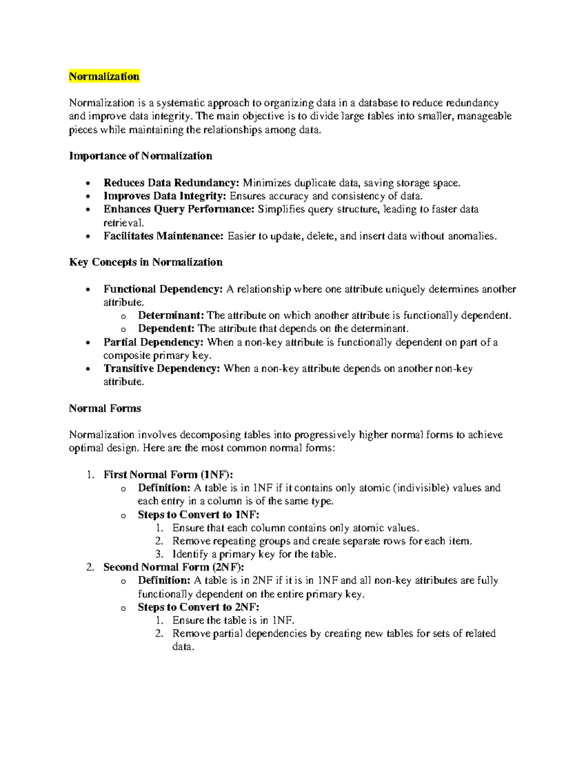 ITS M2 Reviewer - Summary of Module 2 Lecture - Normalization Normalization is a systematic ...