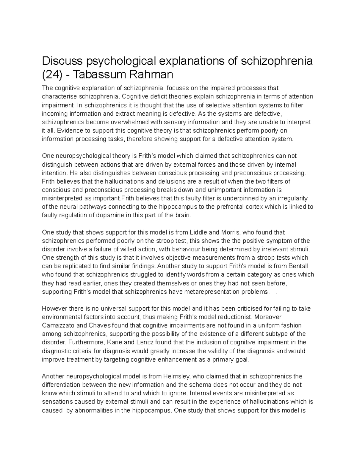 Discuss psychological explanations of schizophrenia (24) - Cognitive ...